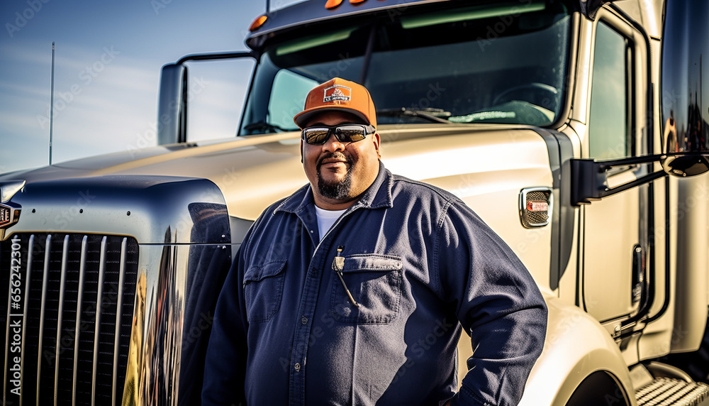 An overweight male truck driver is standing next to his truck, taking a ...