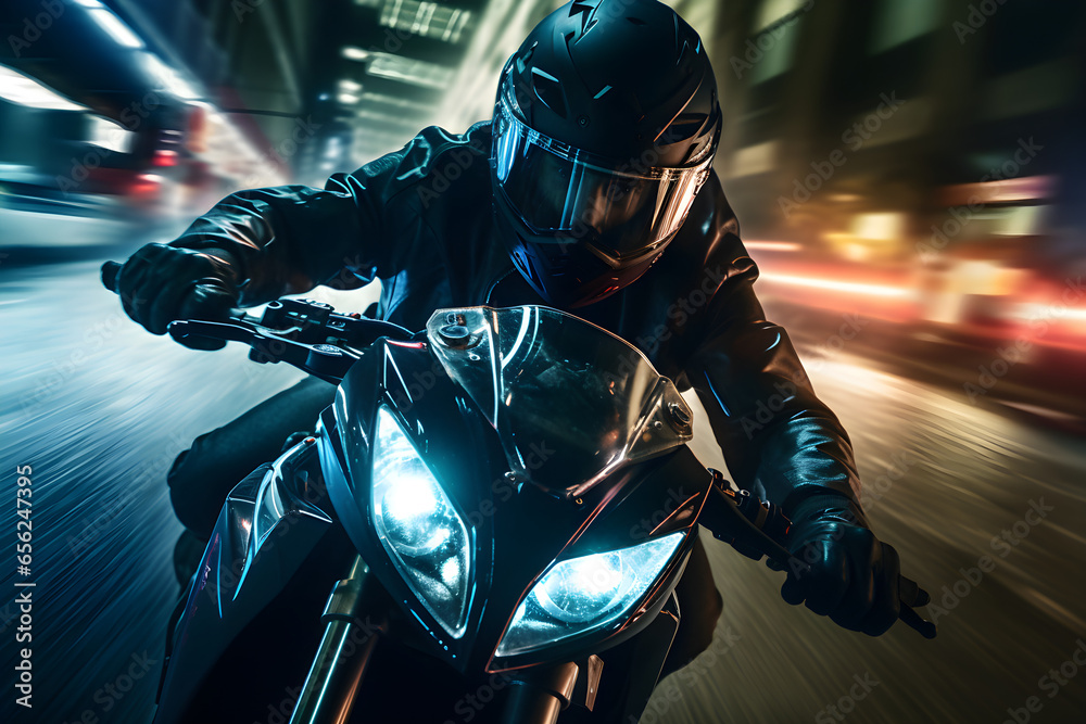 Motorcycle chase through city streets, epic scene from action movie ...