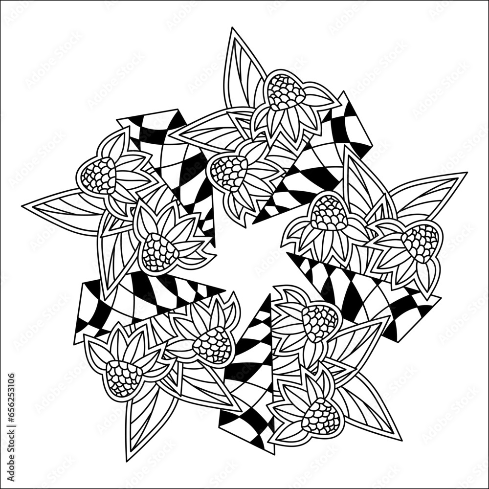 Geometric shapes and flowers. Coloring book page for adult. Hand drawn ...