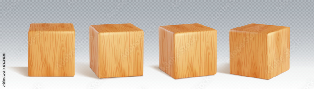 Wooden cube block realistic 3d vector illustration set. square platform ...