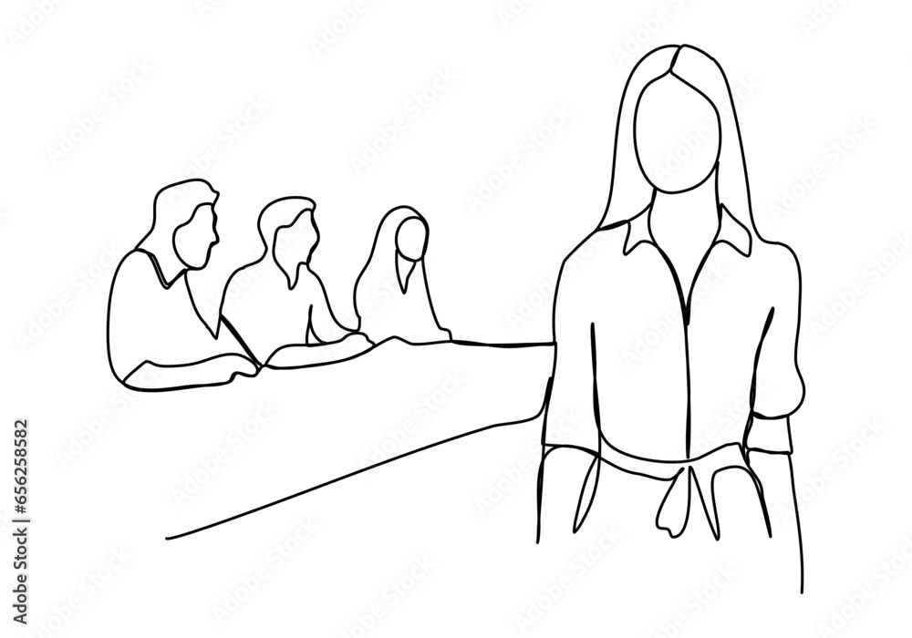 People sitting around a table at a meeting. One line drawing vector ...