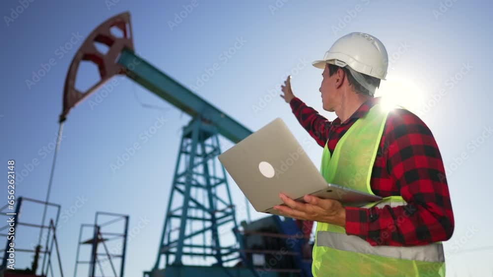 Oil pump.Engineer work with laptop and diagram.Checking operation of ...