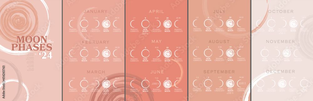 Moon Phases Calendar 2024. Waning Gibbous, Waxing Crescent, New Moon ...