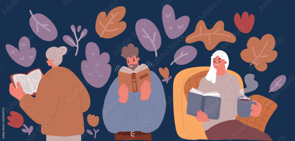 Cartoon vector illustration of people are reading the books. Collection ...