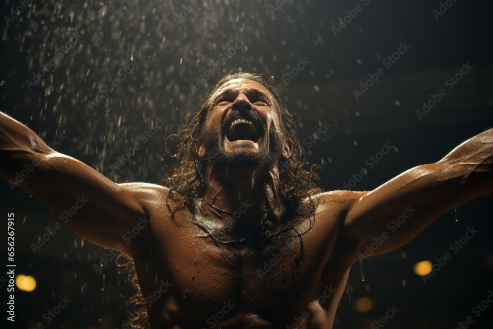 Pro wrestler's triumphant moment as they raise their arms in victory ...