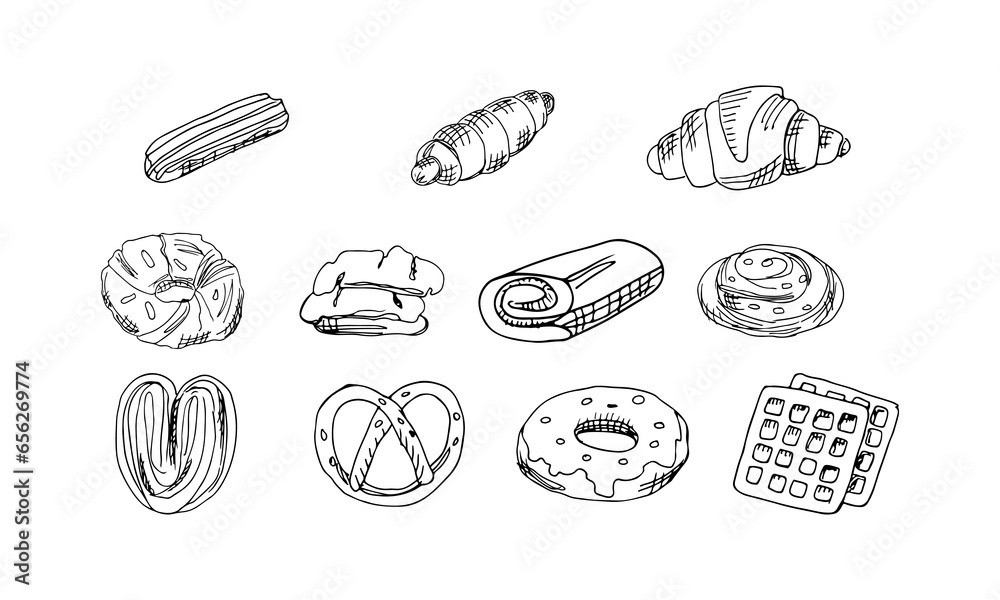 Hand draw vector illustration, set icons of bakery donut , croissant ...