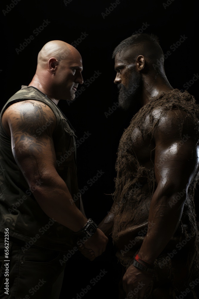 Fierce face-off between rival wrestlers, the tension palpable in the ...