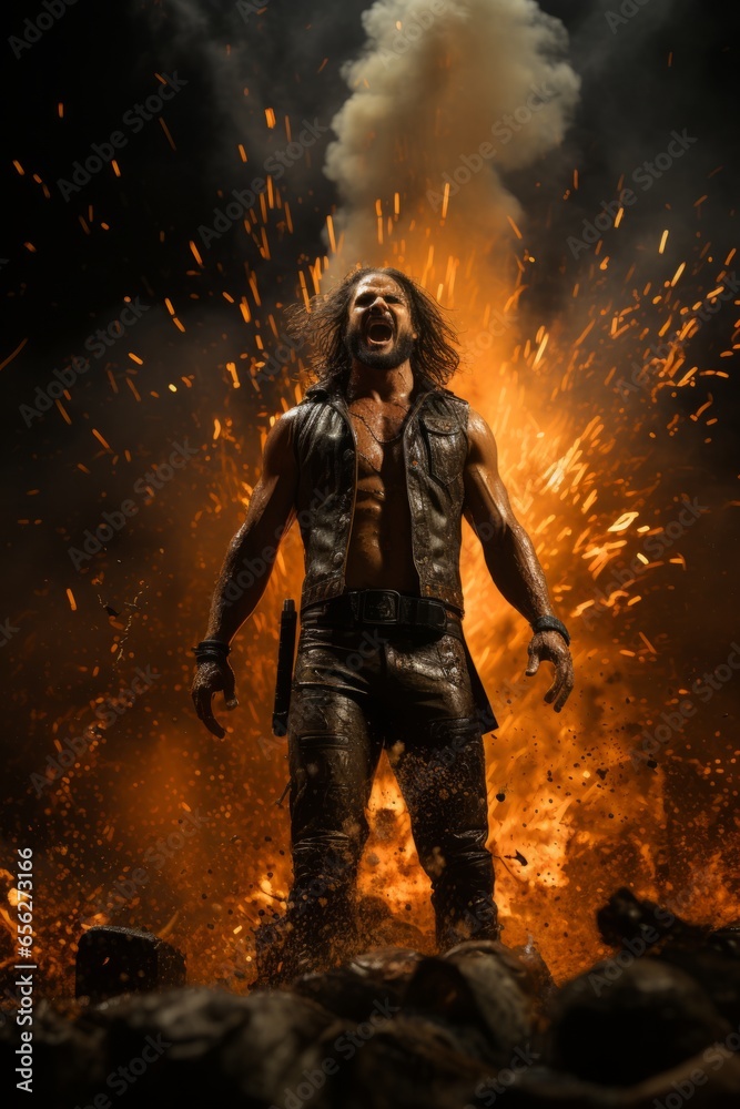 Pro wrestler's charismatic entrance, with pyrotechnics and a roaring ...