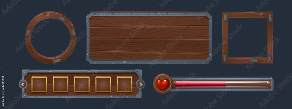 Wood ui board frame and life heart slider cartoon. Wooden texture ...