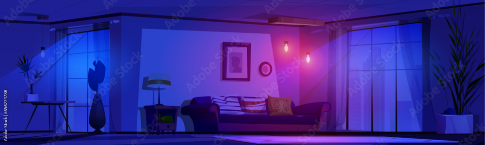 Dark night living room interior in house vector. City home livingroom ...