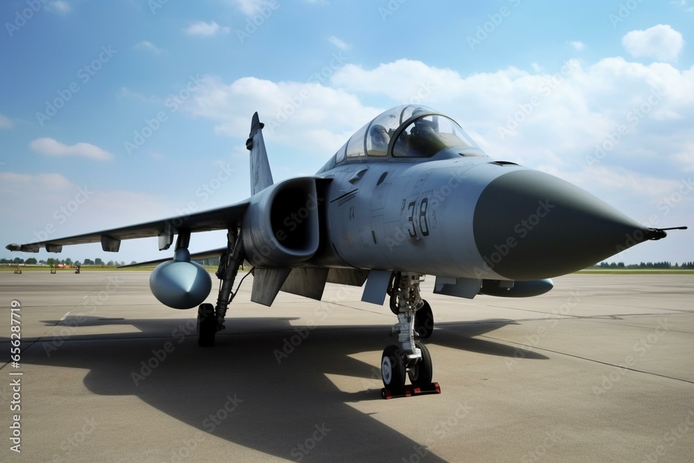 Grey jet fighter armed with missiles on the ground. Generative AI Stock ...