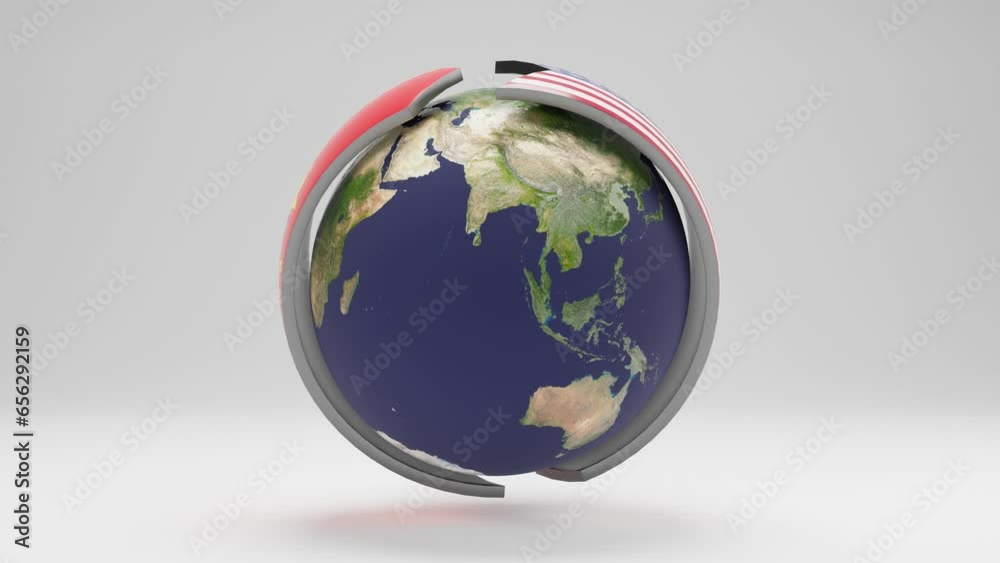 Loop 3d animation of planet Earth and rotating arrows with flags of the ...