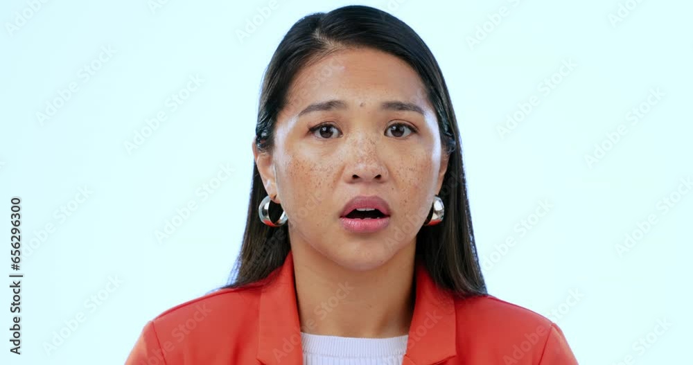 Woman, face and shocked by news or rumor, gossip and drama in studio by ...