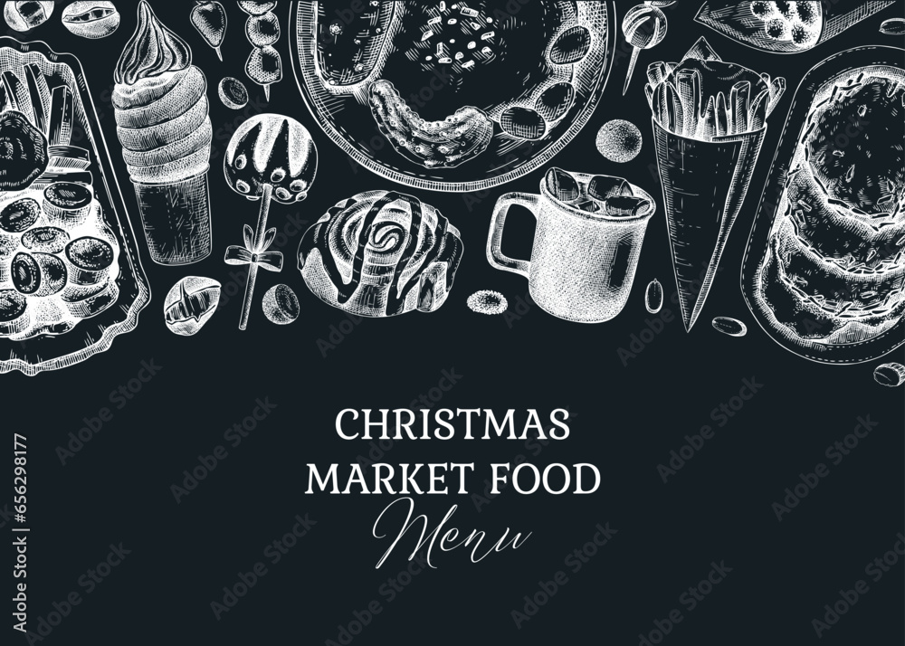 Christmas market food background. Fast food menu design. Hand-drawn ...
