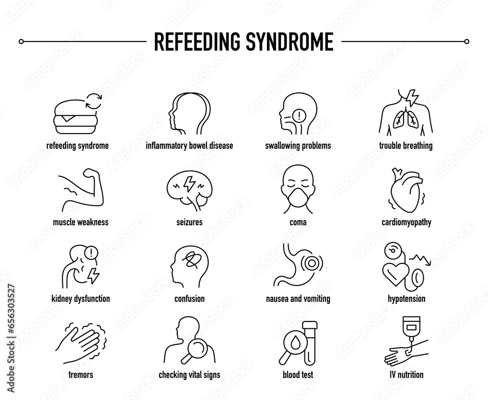 Refeeding Syndrome symptoms, diagnostic and treatment vector icons ...