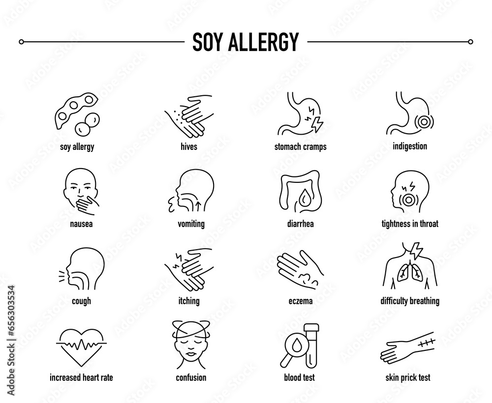 Soy Allergy symptoms, diagnostic and treatment vector icons. Line ...