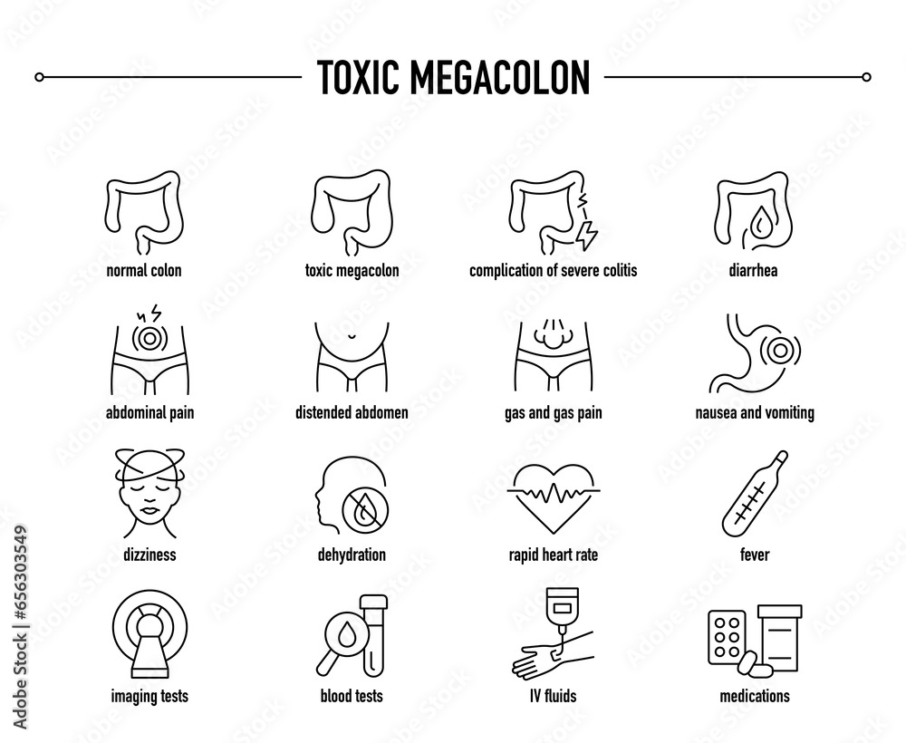 Toxic Megacolon symptoms, diagnostic and treatment vector icons. Line ...