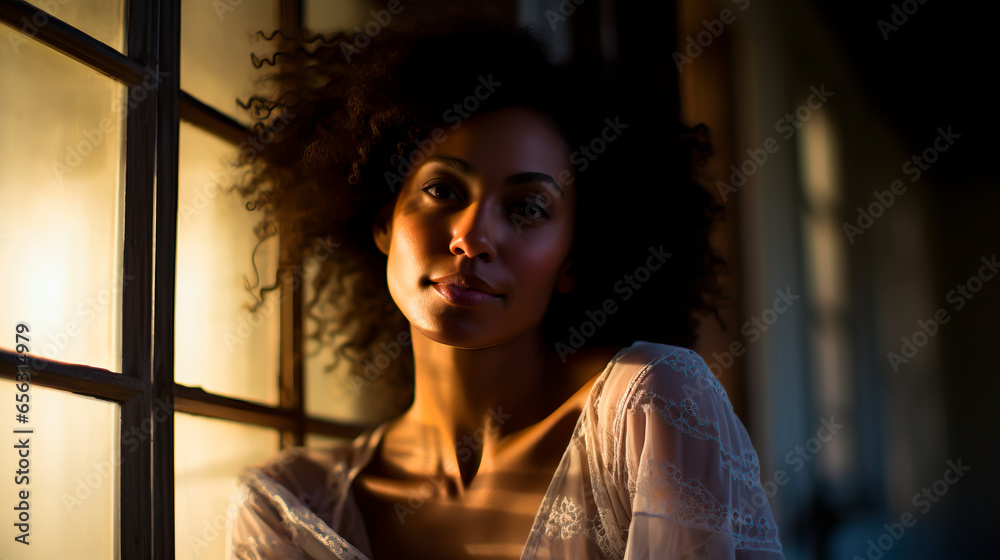 Beauty or fashion photography of a young woman sitting in a window in ...
