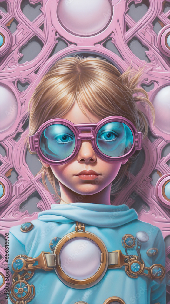 Fun illustration of a young girl with blond hair and standing in front ...