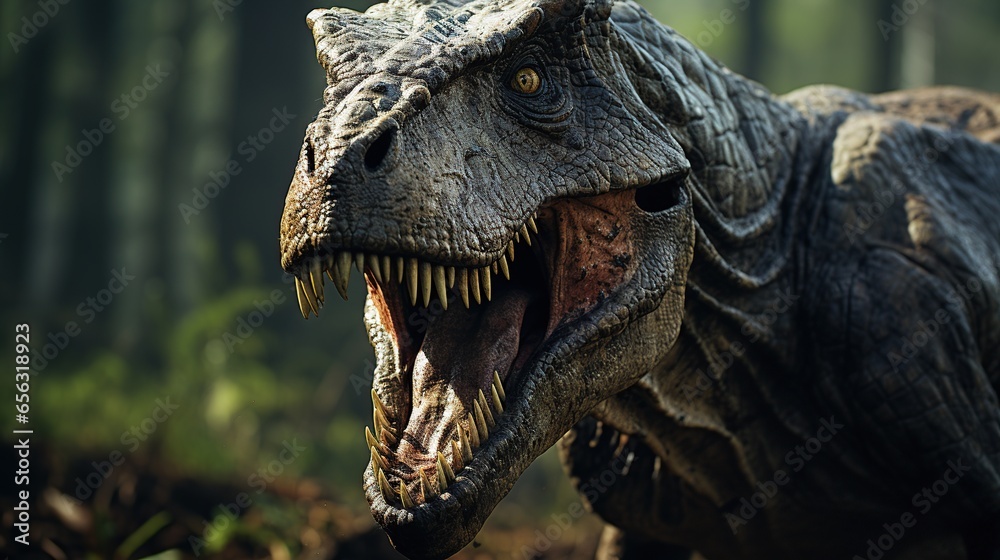 Dinosaur Tyrannosaurus Rex roaring in the forest. T-rex is a genus of ...
