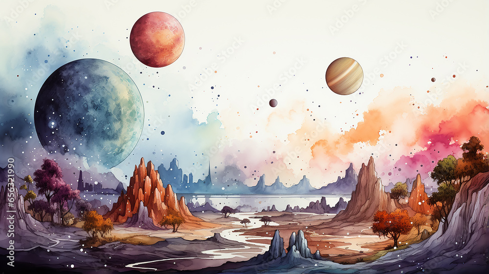 planets in space on a white background, watercolor drawing for children ...