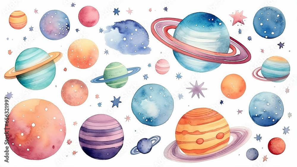 planets in space on a white background, watercolor drawing for children ...