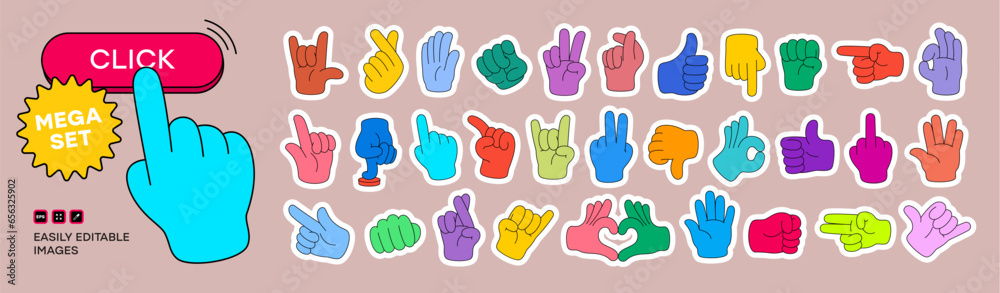 Mega set of Cartoon multicolored comic hands gestures with different ...