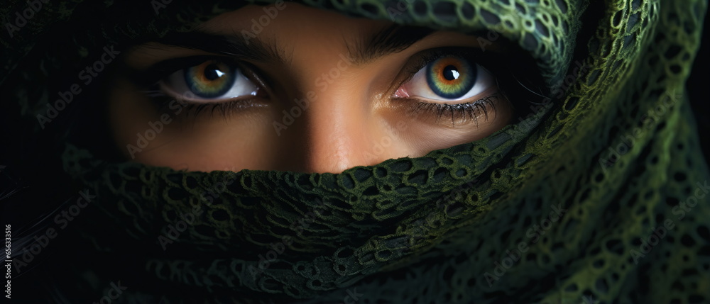 Close up portrait of young Woman muslim in green burqa with hidden face ...