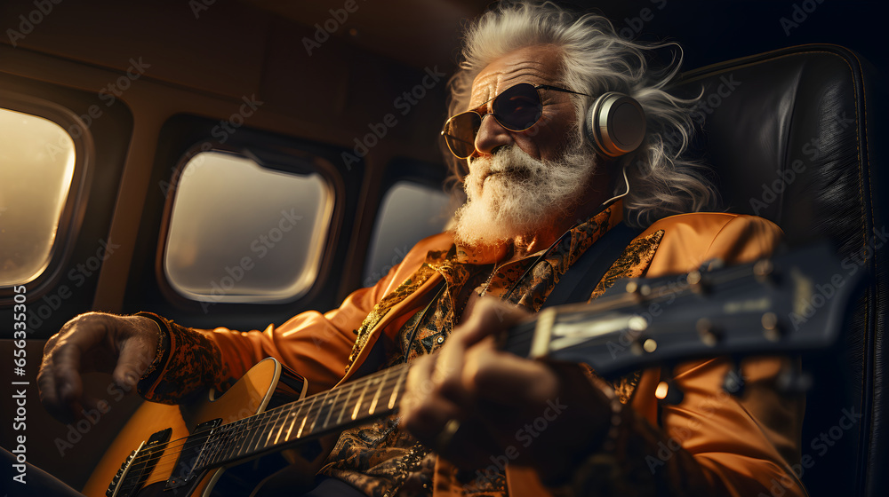 Vintage old rocker musician with long white hair and a beard jams on ...