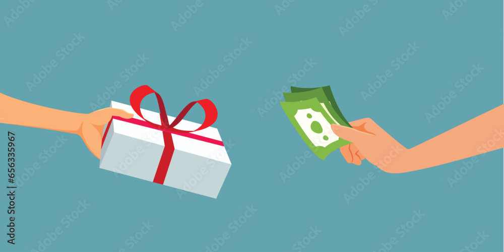 Person Buying a Gift Paying with Cash Vector Cartoon Illustration. Hand ...