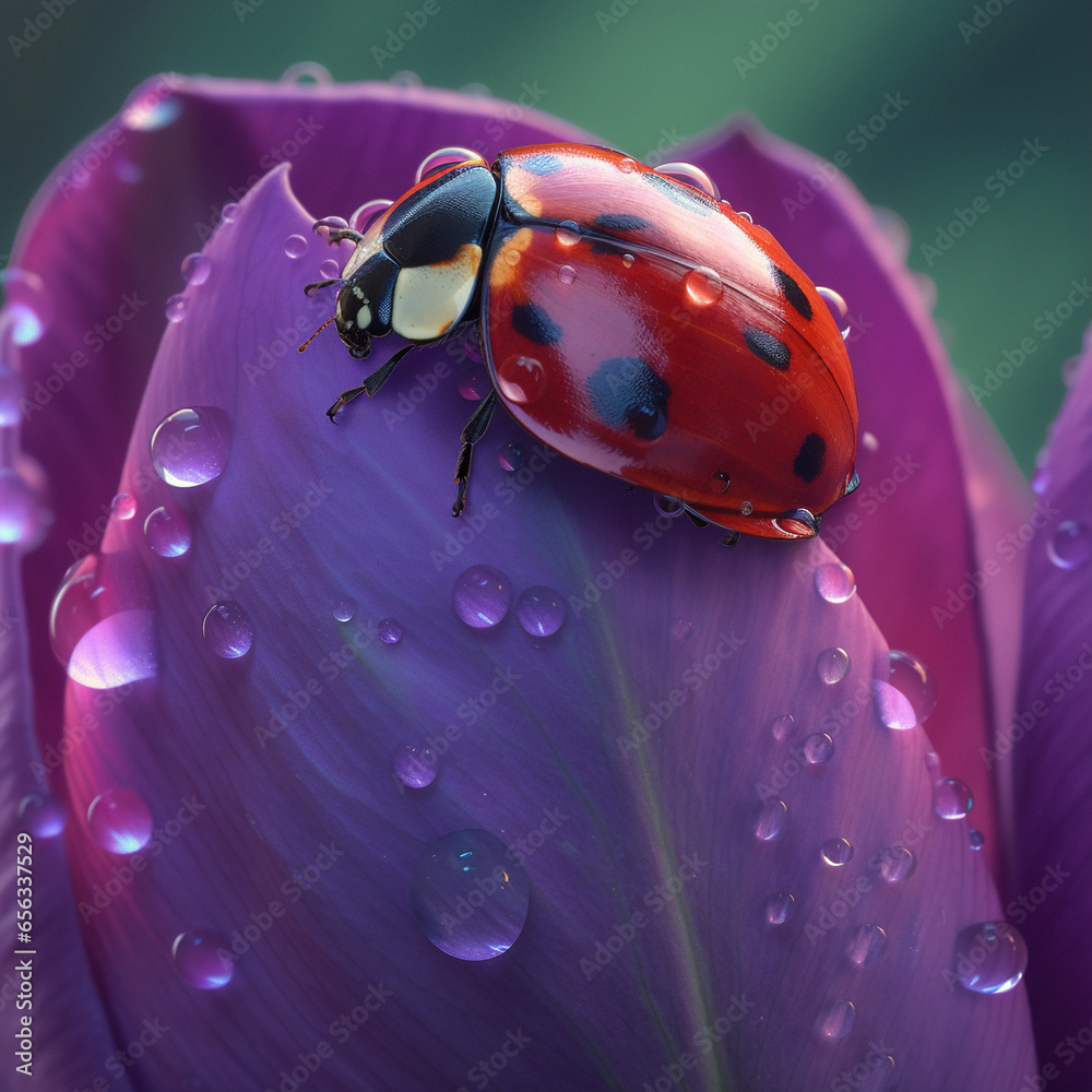 Vivid Digital Painting of Lady Bug Perched on Lavish Purple Tulip with ...