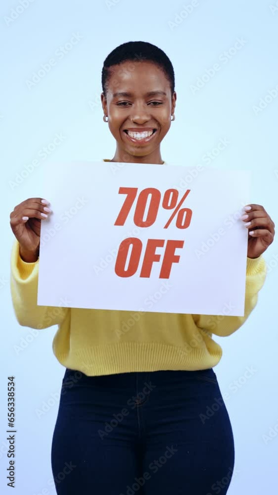 African woman, discount poster and studio with smile on face ...
