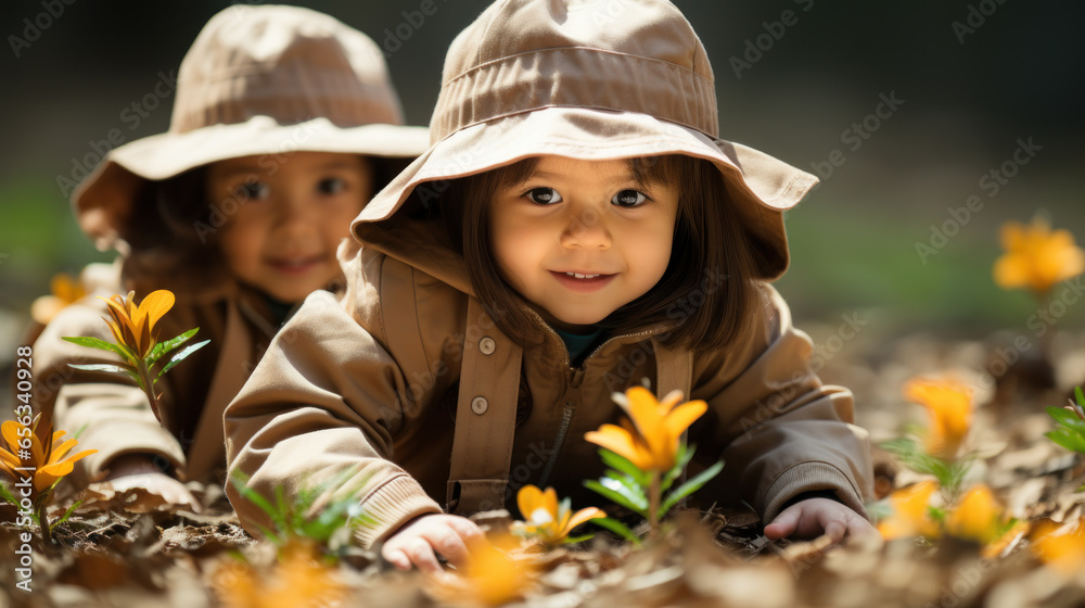Little girls dressed as explorers investigating in the field, engaged ...