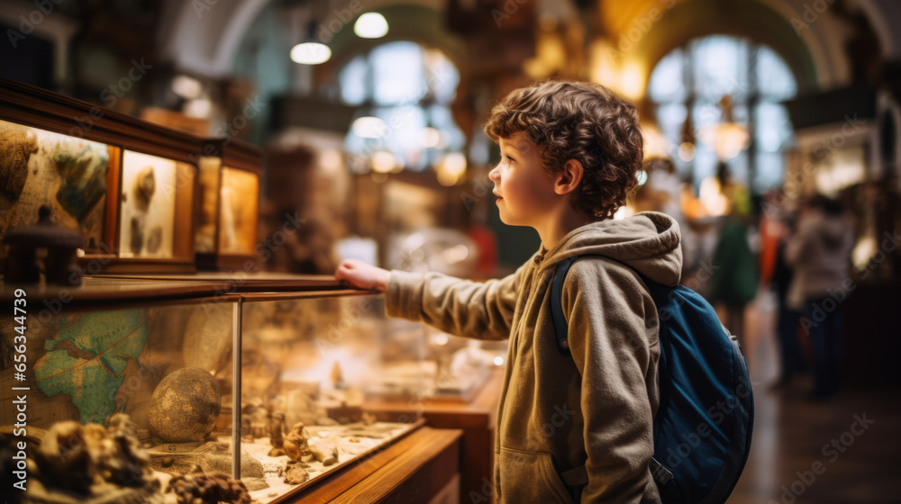 Young boy exploring a historical museum, captivated by artifacts and ...