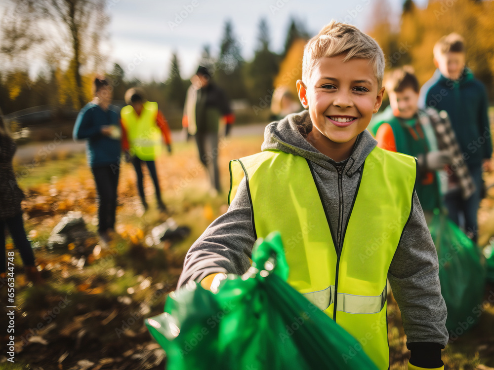 Young boy leading a group of friends in a community clean-up initiative ...