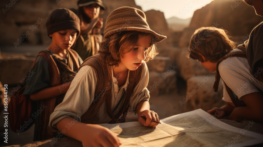 Young boy exploring an ancient archaeological site with a team of ...