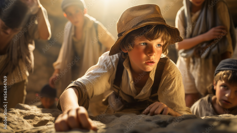 Young boy exploring an ancient archaeological site with a team of ...