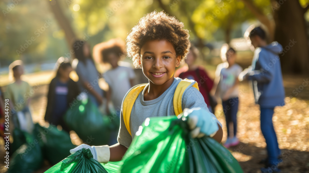 Young boy leading a group of friends in a community clean-up initiative ...
