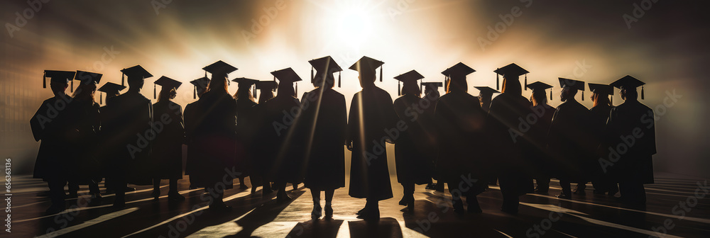 Silhouettes of Masters graduates in ceremonial robes at sunset Stock ...