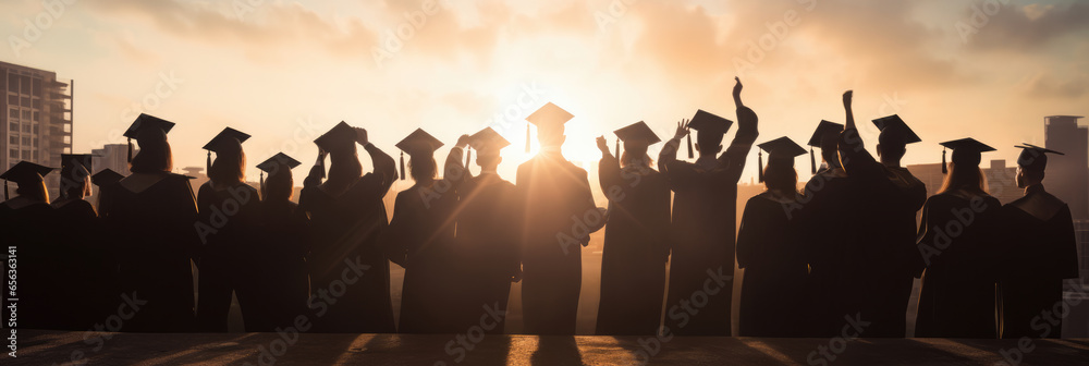 Silhouettes of Masters graduates in ceremonial robes at sunset Stock ...