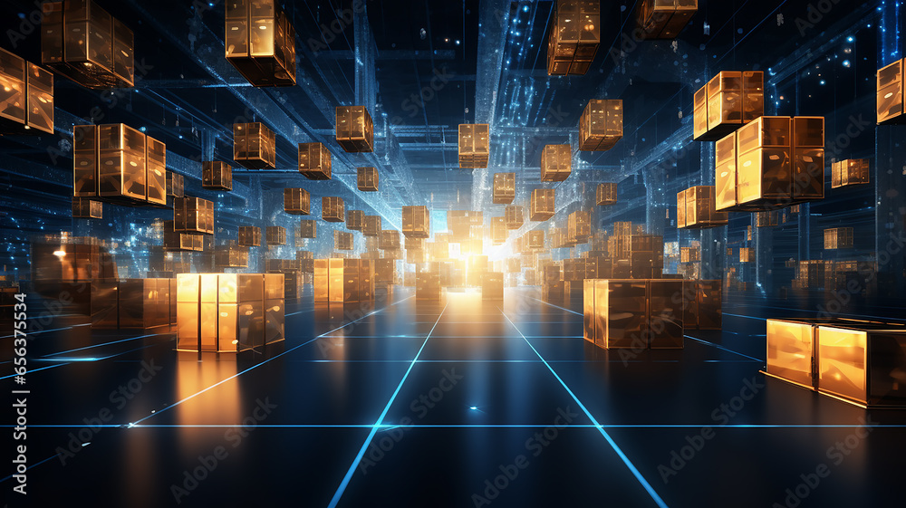 warehouse technology of the future, warehouse program, neon background ...