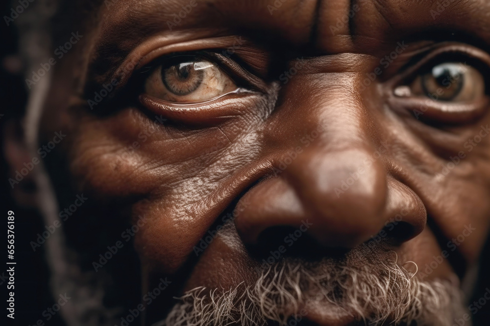 Extreme close up of black African man face with intense macro eyes and ...