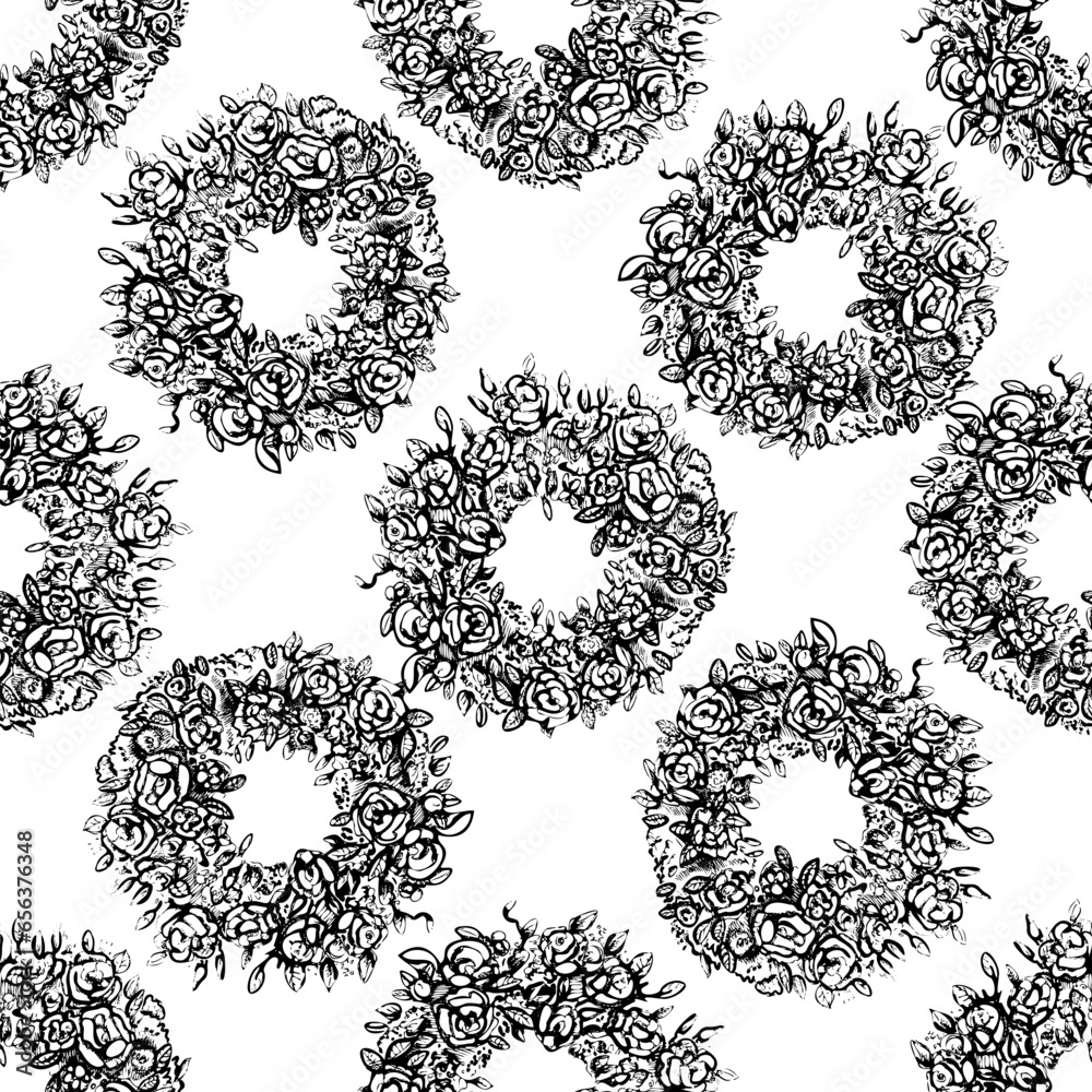 Seamless pattern of hand-drawn funeral mortuary mourning flower wreath. Sketch vintage ...