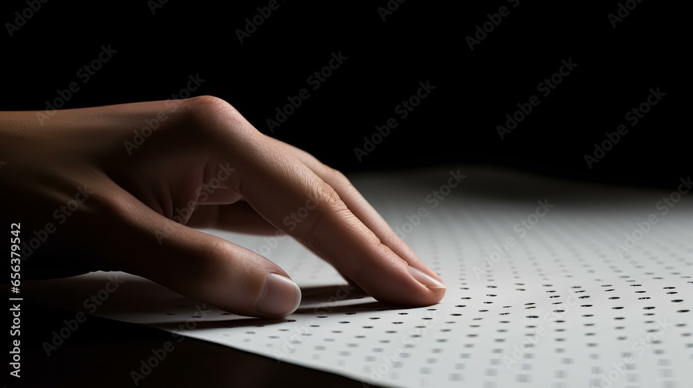 The hand passes over the paper with braille, a relief-dot tactile font ...