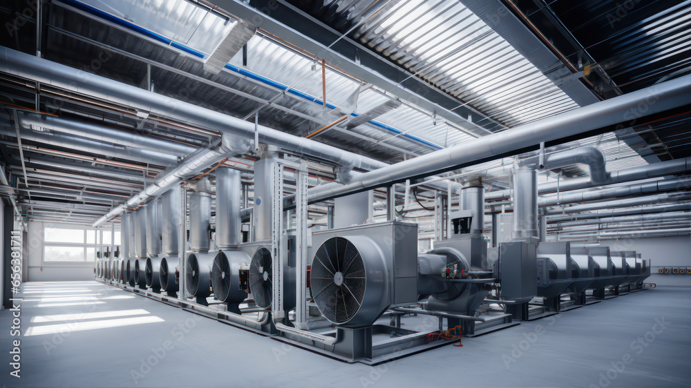 Industrial interior of a modern boiler room with pipes and ventilation ...