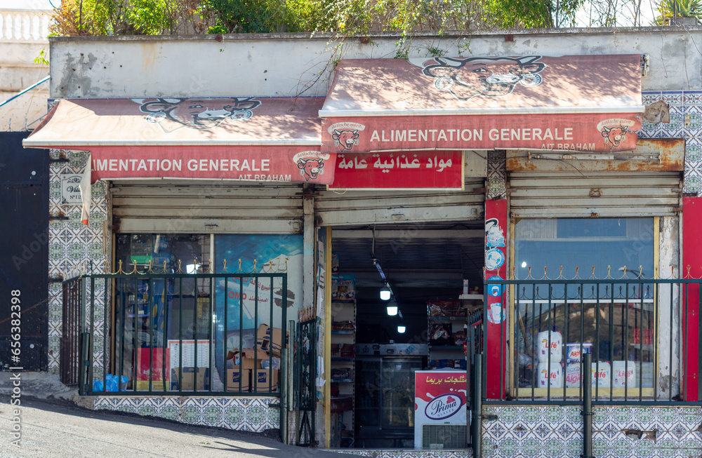 Algiers, Alger, Algeria, 09 27 2023 : typical Algerian Grocery. Text : Alimentation générale. In ...