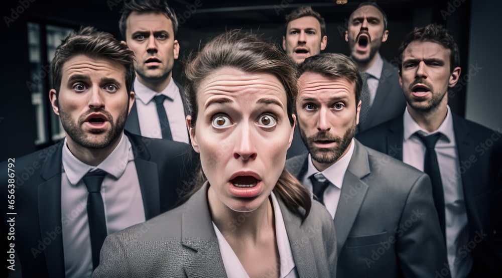 Office workers intensely shocked by what they see in front of them ...