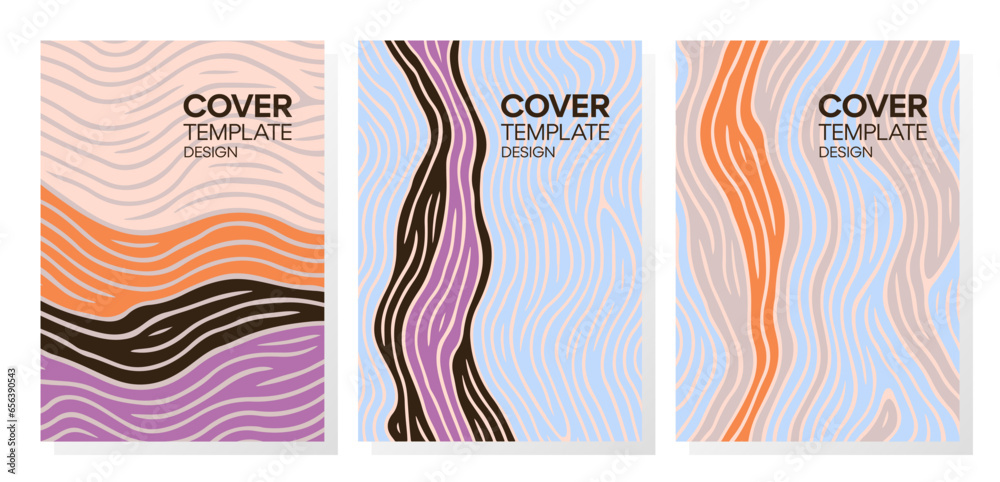 Set of trendy minimalist dynamic meander lines cover design layouts ...