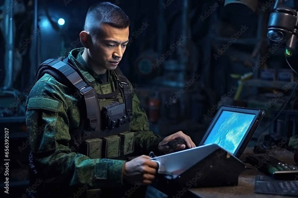 Soldier in uniform analyze data on a tablet and work out tactics at a ...