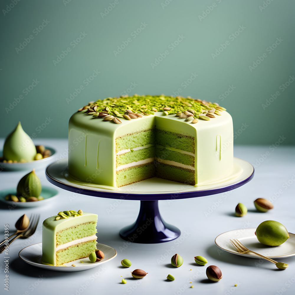 Illustrate a multi-layered cake featuring airy pistachio mousse between ...